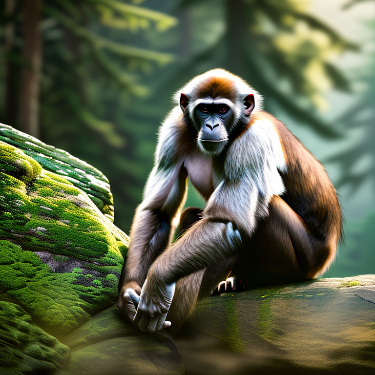 A thoughtful ape like Human Ancestor sitting on a rock by a ... by Mr ...