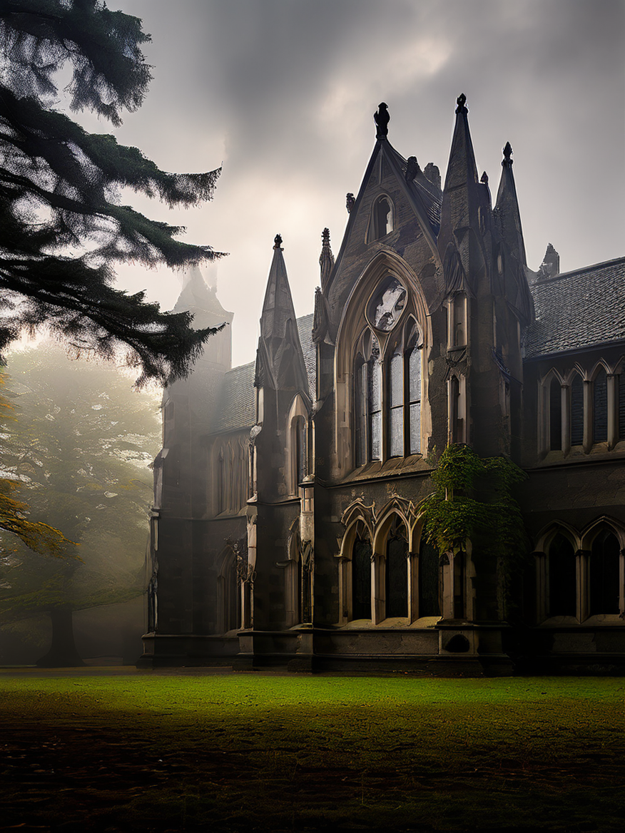 Gothic school building shrouded in morning mist by Simon84 - Playground