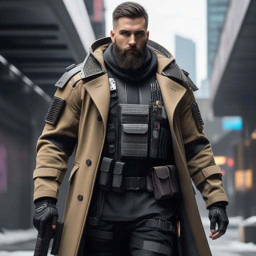 Cyberpunk Mercenary with large coat over body armor young wh... by ...
