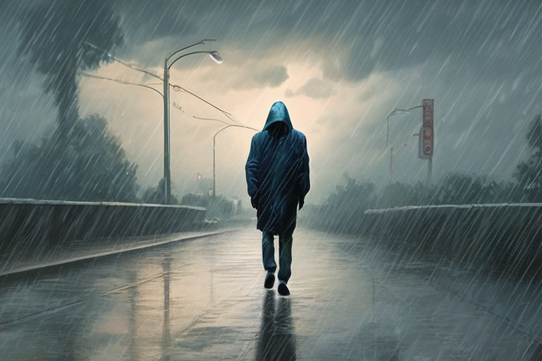 Generate image: a man walks in heavy rain by Manuel Cabezuelo - Playground