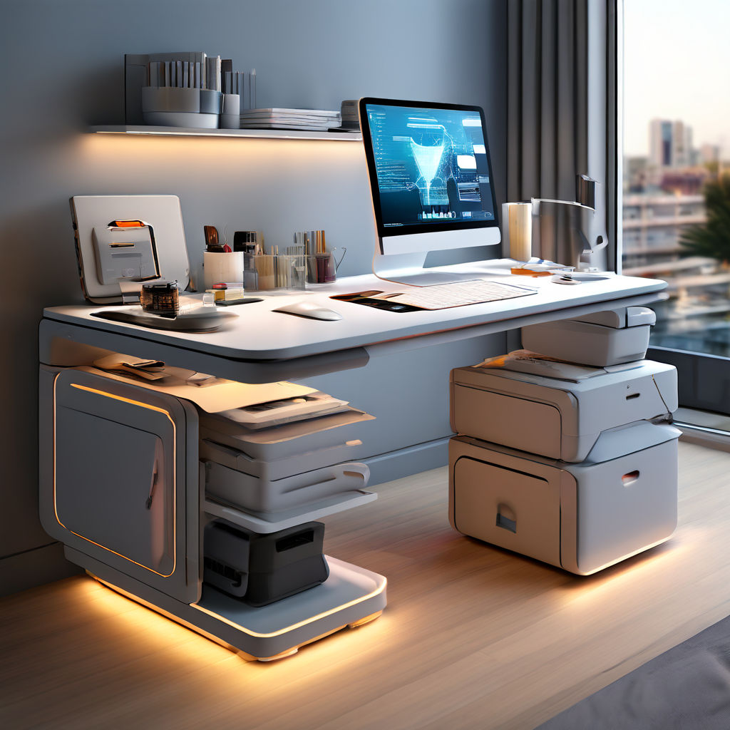 Digital illustration depicting an office desk dominated by a... by ...