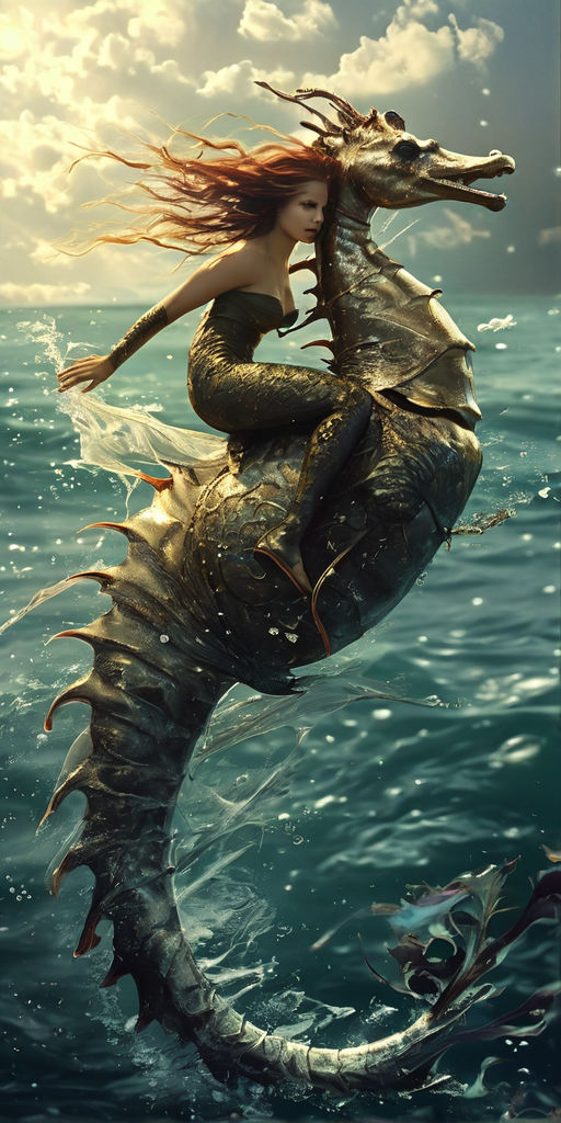 Mermaid riding a giant seahorse at high speed across the oce... by rym ...