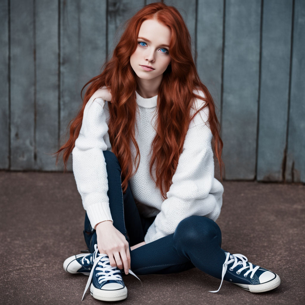 A girl with long red hair and blue eyes wearing a white swea... by ...