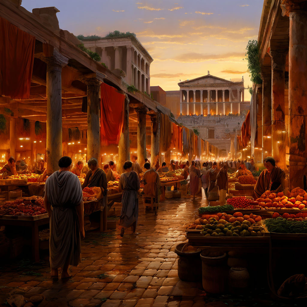 Genrate an image of a market in ancient rome people wonderin... by ...