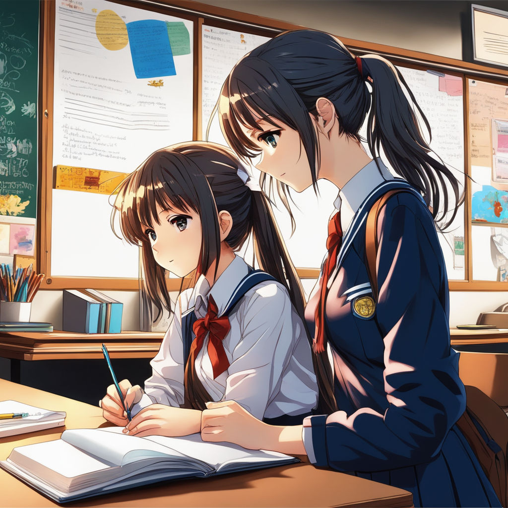 Anime artwork a school girl writing in a notebook by Naomi l - Playground