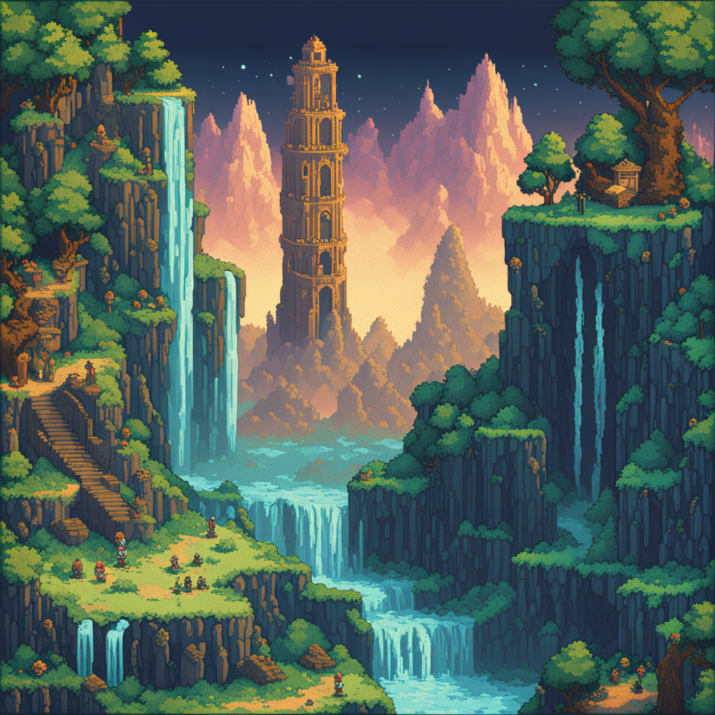 Pixel art representation of a fantasy world emerging from th... by 유명호 ...