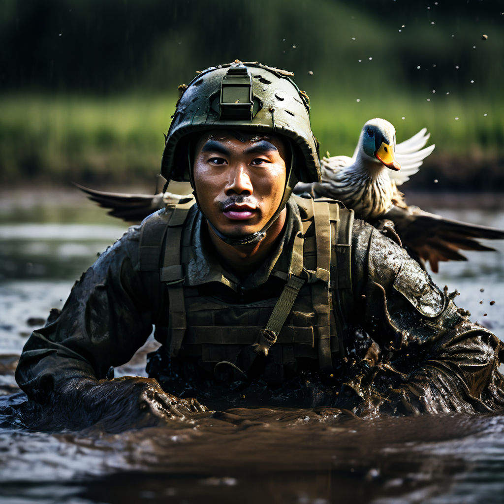 Asian GI Soldier crawling in a muddy pond. A duck is sitting... by Wyn ...