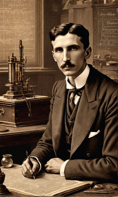 Young Nikola Tesla seated at a wooden desk in a Victorian cl... by hp ...