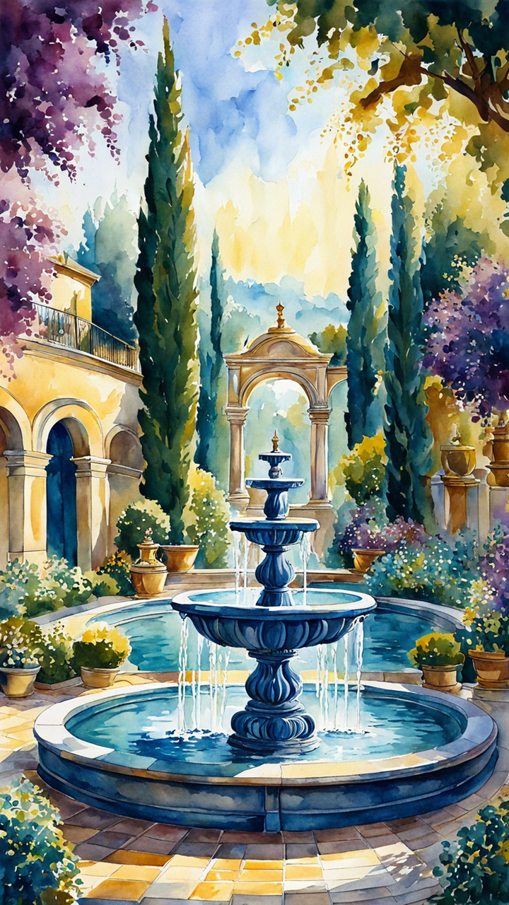 Watercolour painting of an Italian garden by Ellen Read - Playground