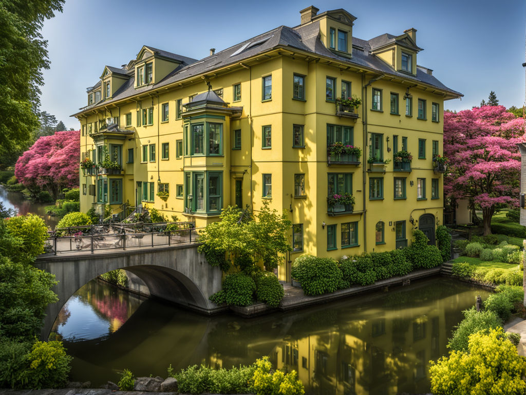 A two-story apartment building in yellow and green colors by Marina ...