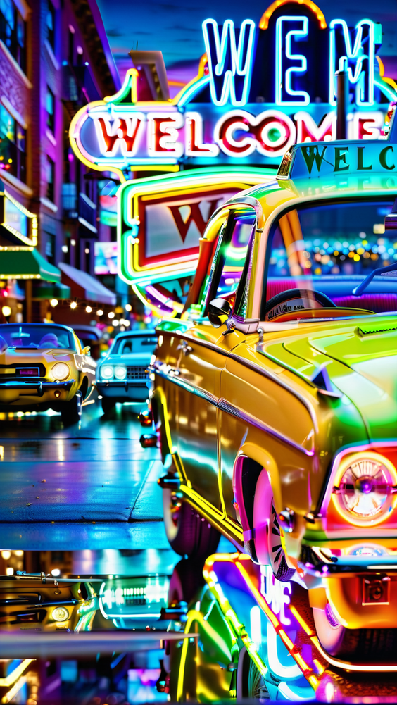 Collage featuring a vibrant neon sign shaped like a word "We... by Juan ...