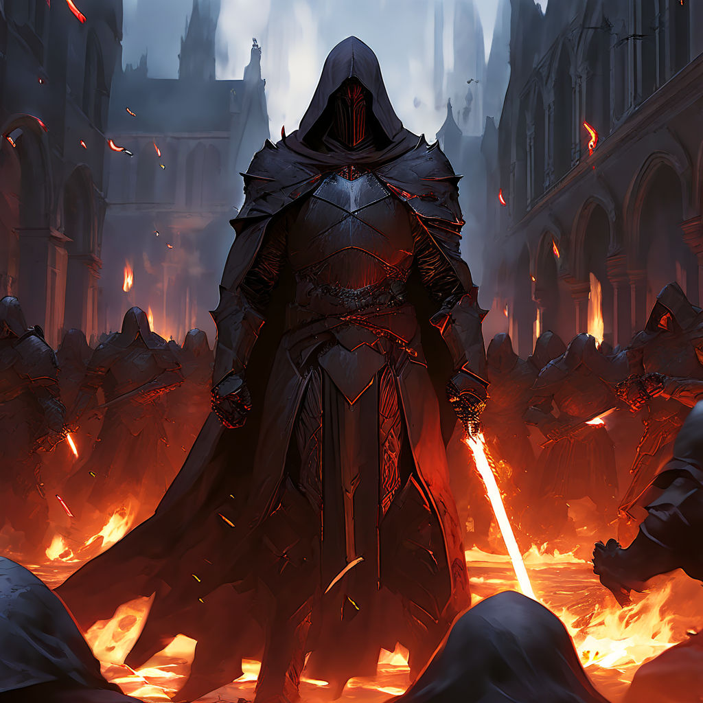 Heroic crusader in knight armor fighting robed cultists in t... by 010 ...