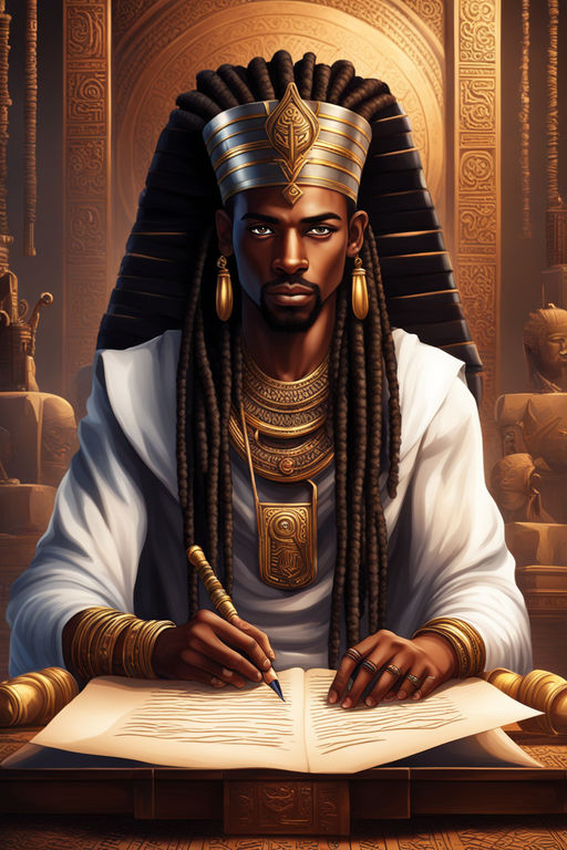 Black ancient pharaoh writing a scroll with dreadlocks high... by ...