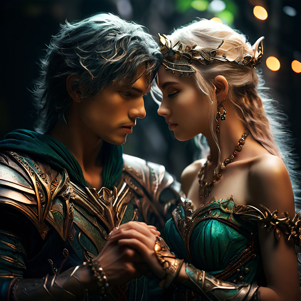 Realistic image of a couple of elves holding hands in a fant... by ...