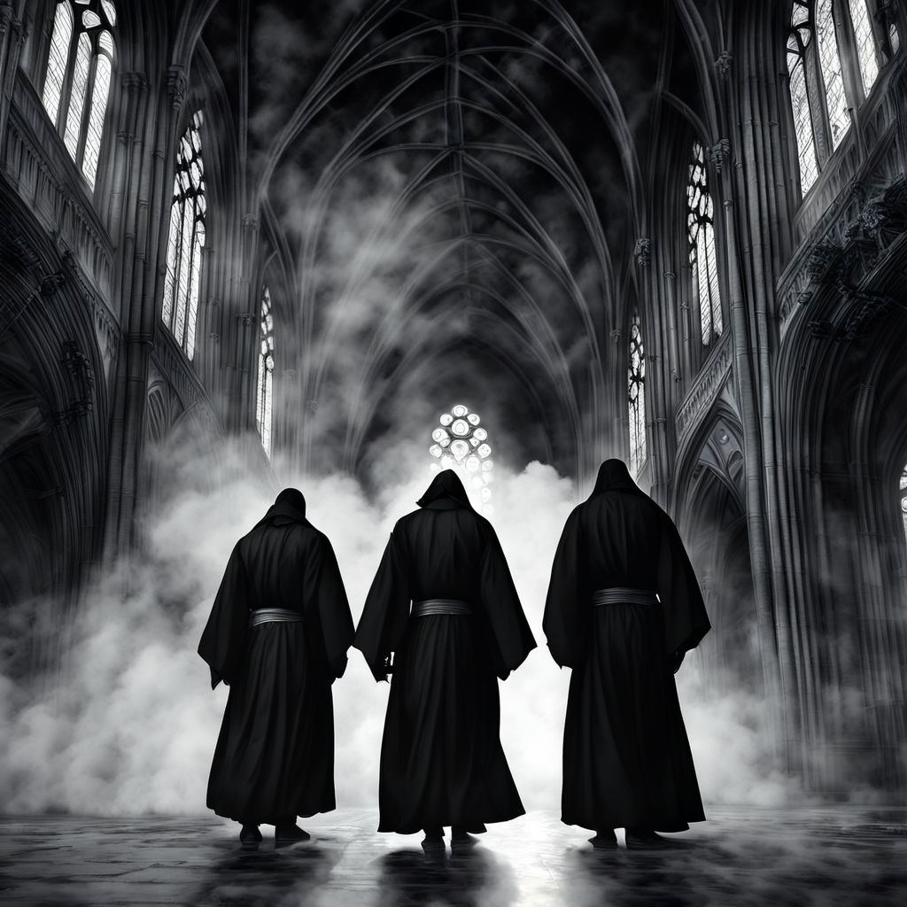 Three catholic monks in gigantic infinite black coal gothic ... by ...