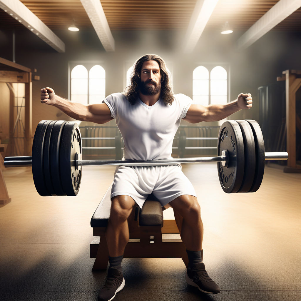 Make an realistic image of jesus christ bench pressing 400 p... by ...