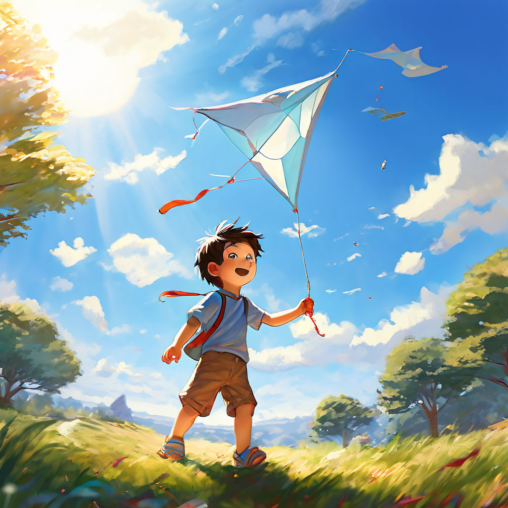 Boy mimicking Doraemon soaring a kite in an expansive park by robin ...