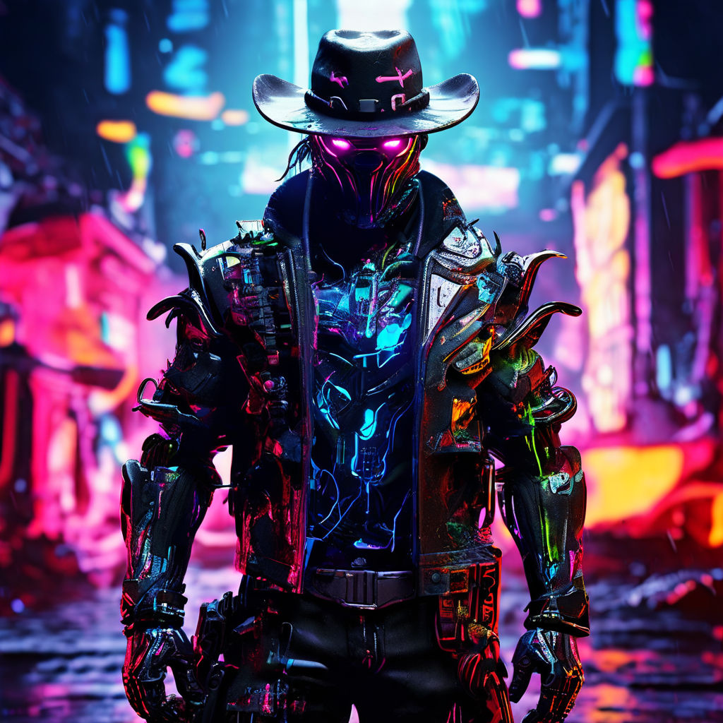 Cyberpunk cowboy clad in neon-lit mech gear by Jamie Atkins - Playground