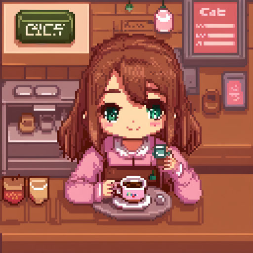 Anime girl drinking a coffee in a cute cafe pixel art by Gemma Harris ...