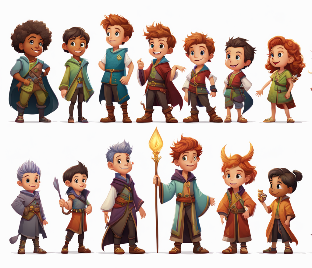 Animated character design sheet of multiple young fantasy el... by ...