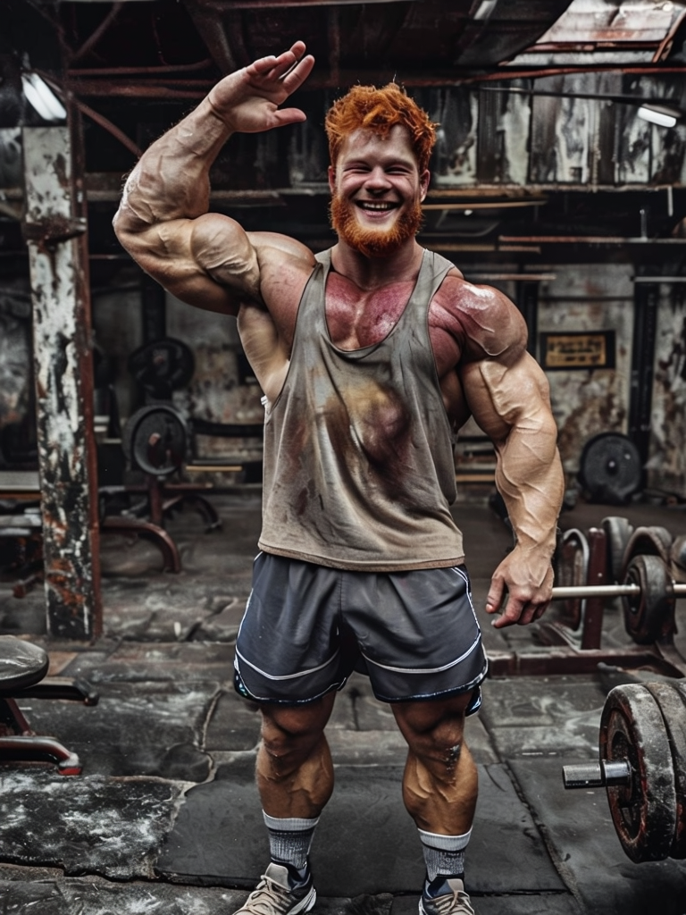 A hyper-muscular 24-year-old ginger bodybuilder raising his ... by ...