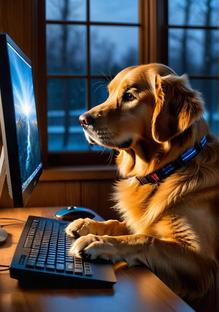 Golden retriever engaging with a computer setup by Jessica Carrasco ...