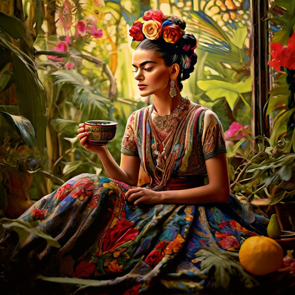 Frida Kahlo sitting in a lush Madhubani tea leaves garden by 12PCMB ... Frida Kahlo sitting in a lush Madhubani tea leaves garden by 12PCMB ...