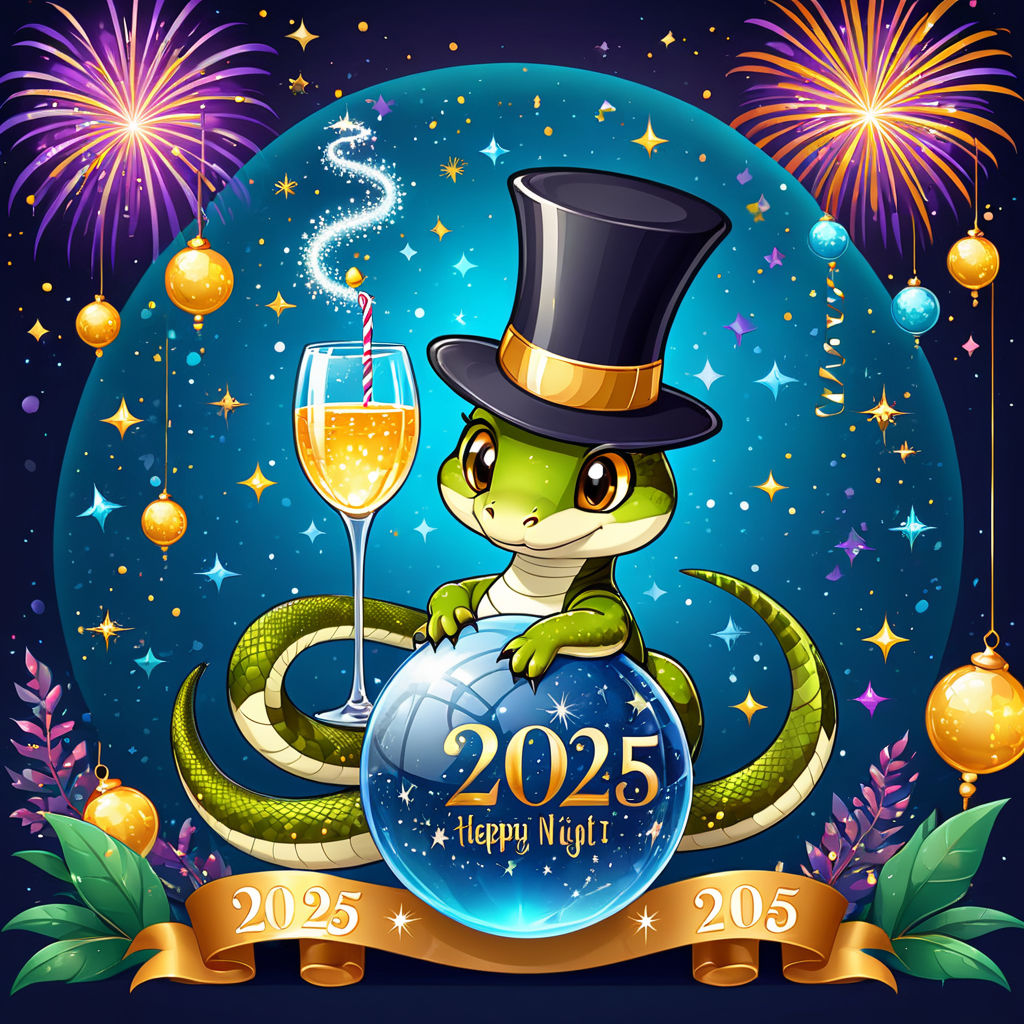 Cartoon cute snake wearing a New Year's Eve hat holding a sp... by ...