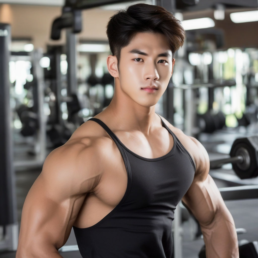 A handsome male teen bodybuilder Korean student working out by 떡국한그릇 ...
