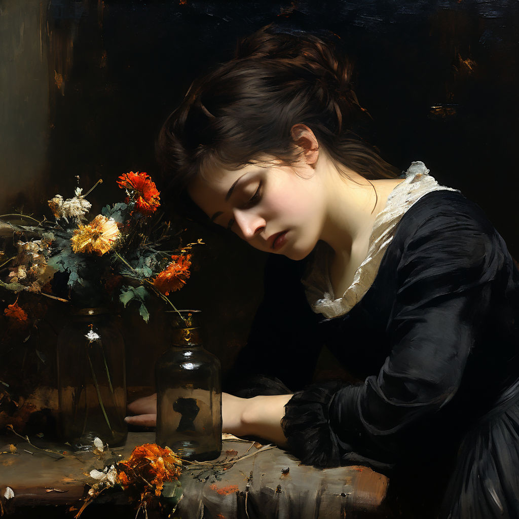 Masterpiece oil painting of sad young woman lays her head on... by MIC ...