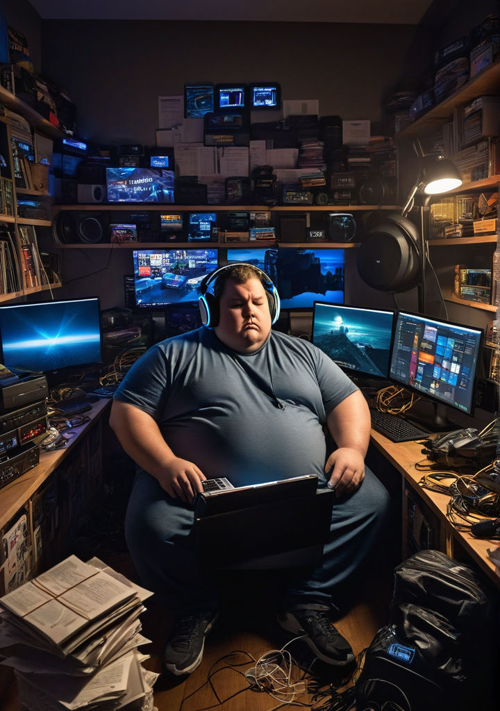 Overweight male engrossed in computer use by J - Playground
