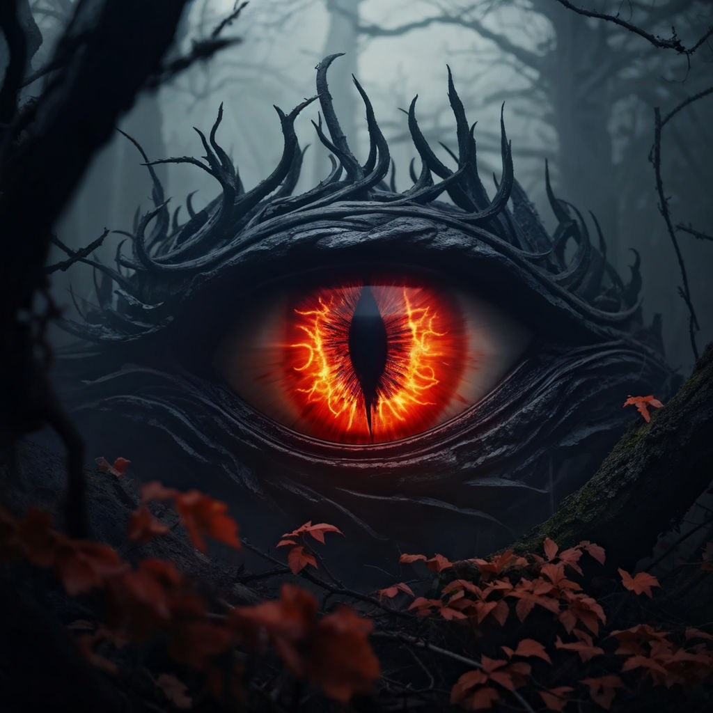 The fiery eye of Sauron is a close-up in a gloomy style amon... by ...
