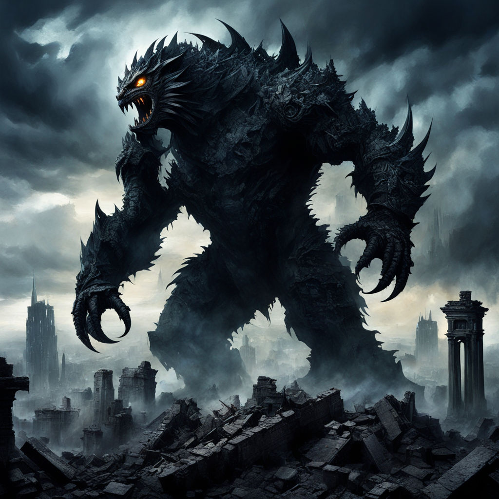 A towering monster stands amidst a crumbling cityscape by Niclas ...