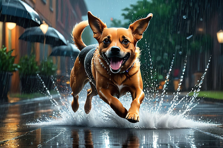 3D rendering of a dynamically posed dog sprinting as rain po... by ... 3D rendering of a dynamically posed dog sprinting as rain po... by ...