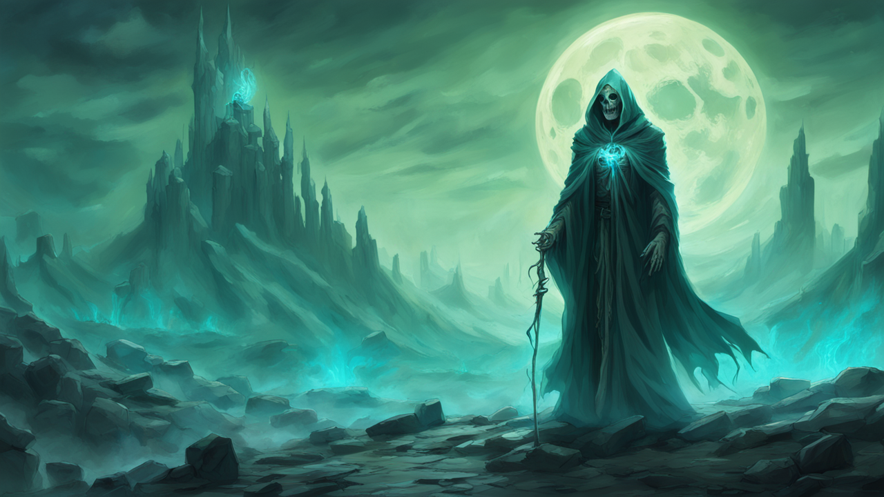 A powerful necromancer standing tall atop a desolate by Douglas ...