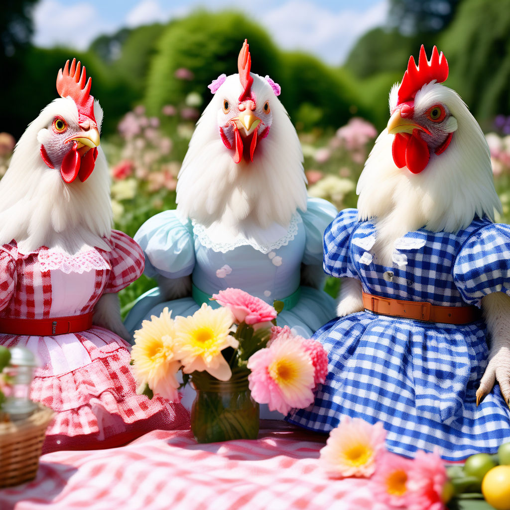 Different kinds of chickens wearing dresses at a picnic in a... by Lila ...