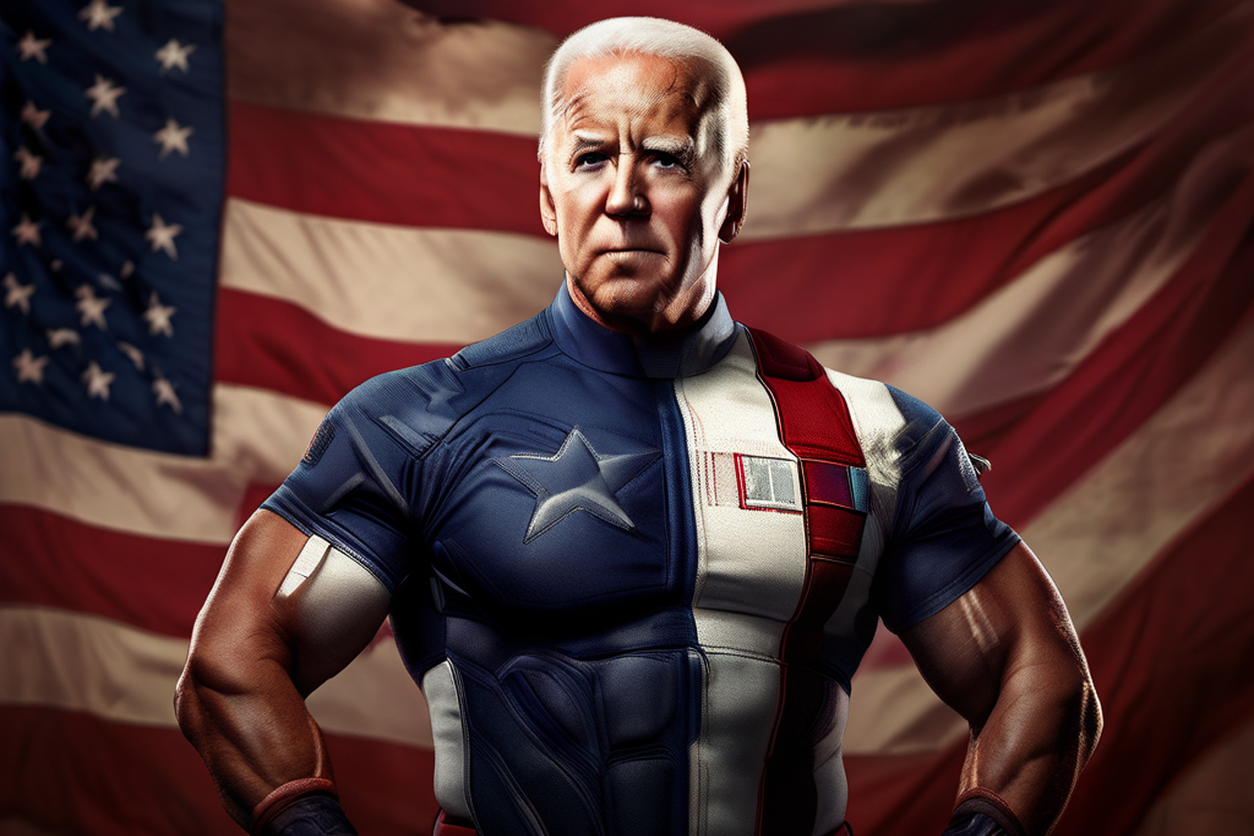 Joe Biden fit and with large muscles as a super hero in fron... by ...