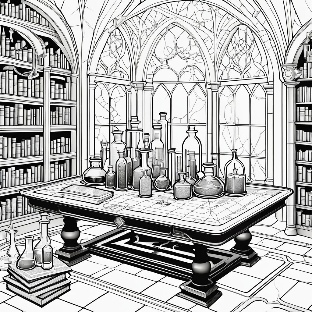 A coloring page showing a wizards lab table by Kristen Schlicht ...