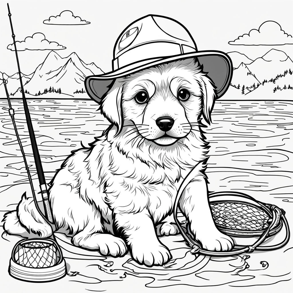 Puppy wearing fishing hat coloring page by Kristen Schlicht - Playground