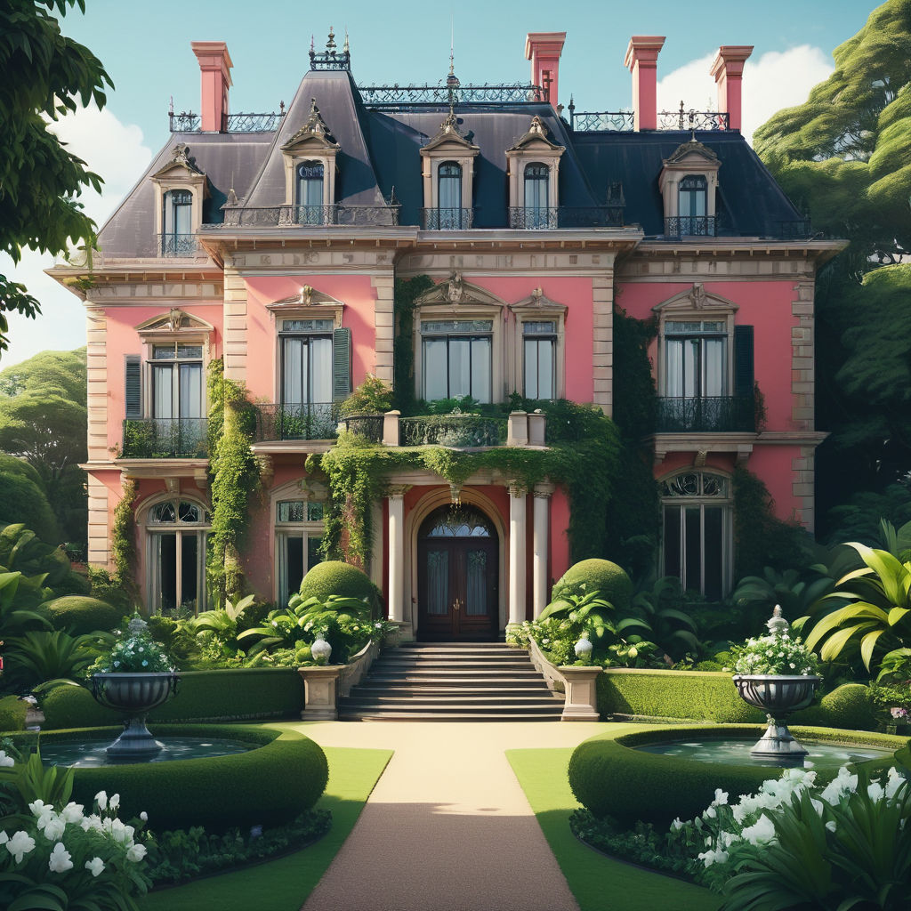 Rich Man's Mansion: Depict a grand mansion with lush gardens... by ...