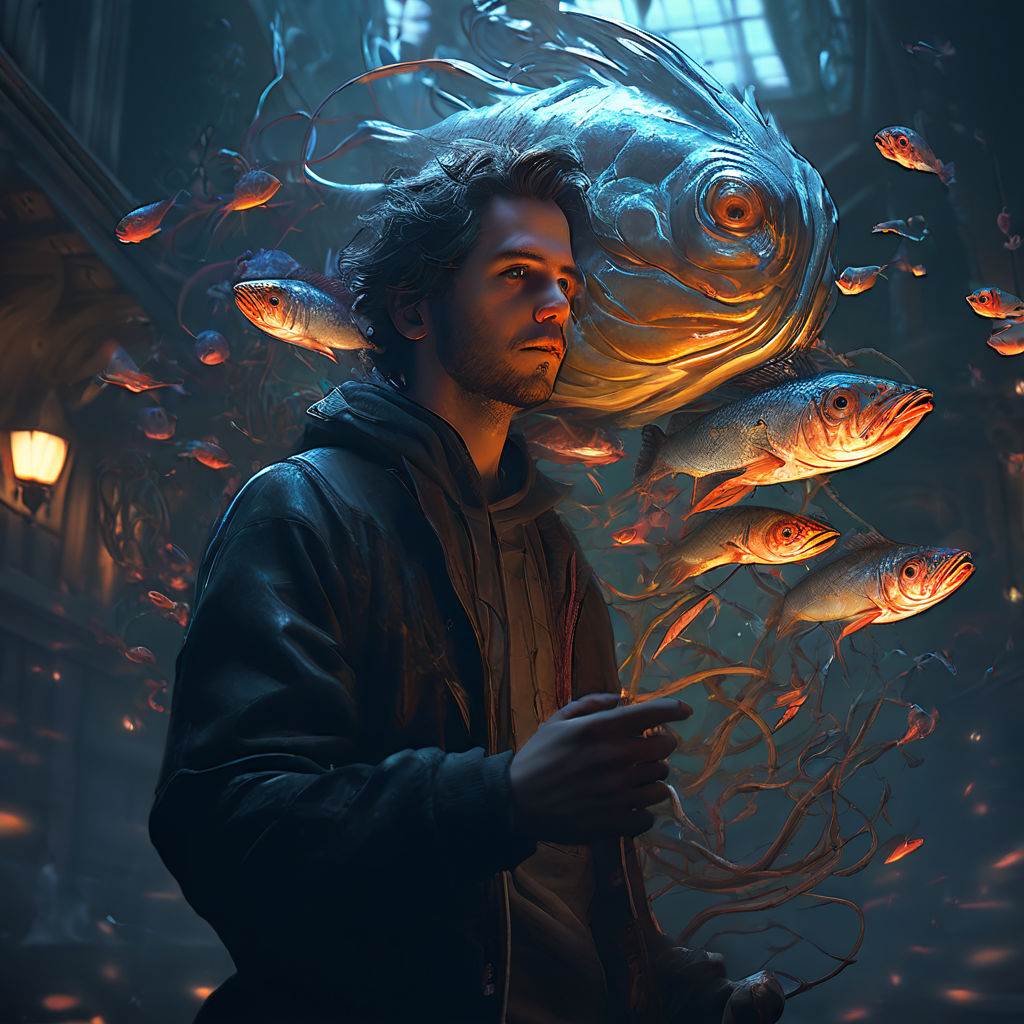 A man with a fish head and eels for arms by Russ Feykneym - Playground