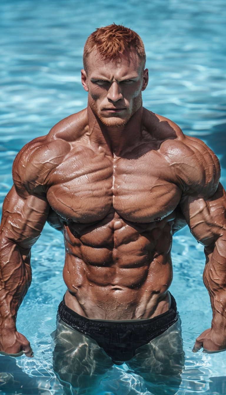 A hyper-muscular male bodybuilder stands waist-deep in a cry... by ...