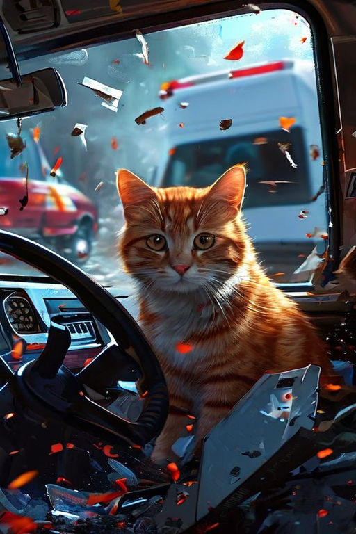 A determined orange tabby cat gripping the steering wheel of... by ...