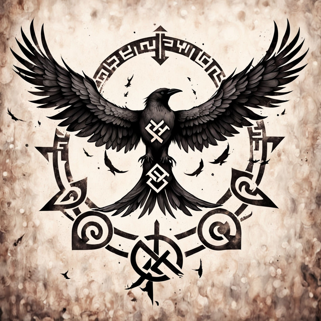 Two crows with wings spread tattoo with made with norse rune... by ...
