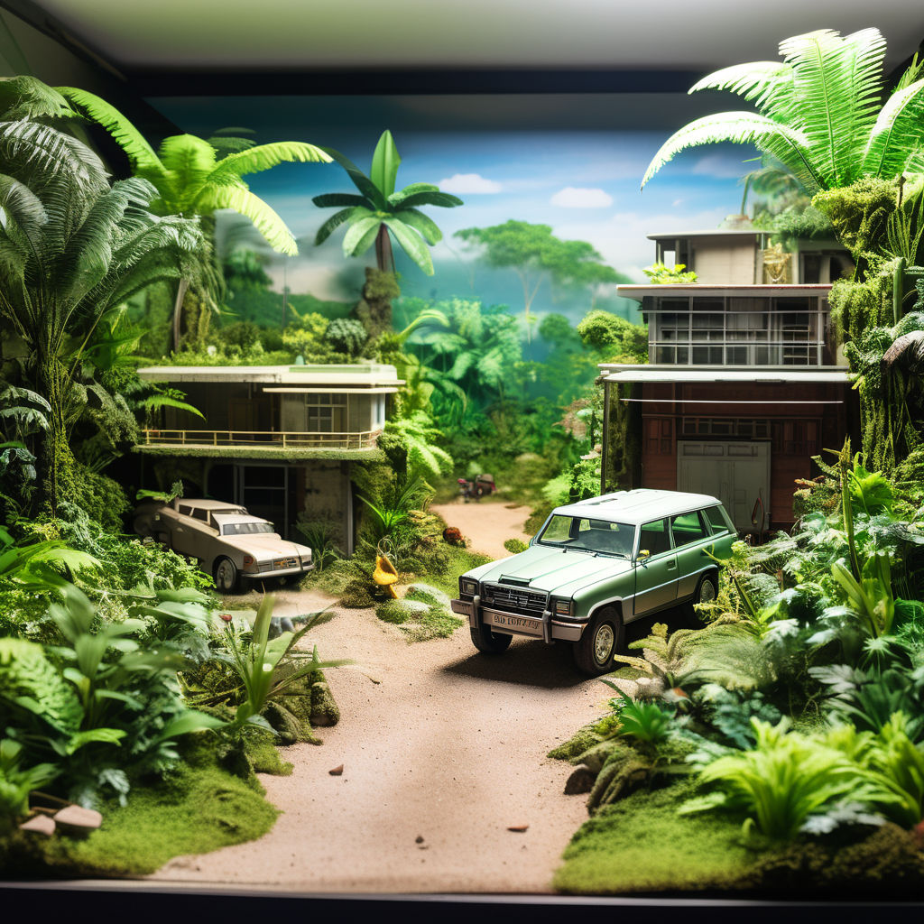 A Diorama in a rectangular tank consisting of a jungle with ... by ...