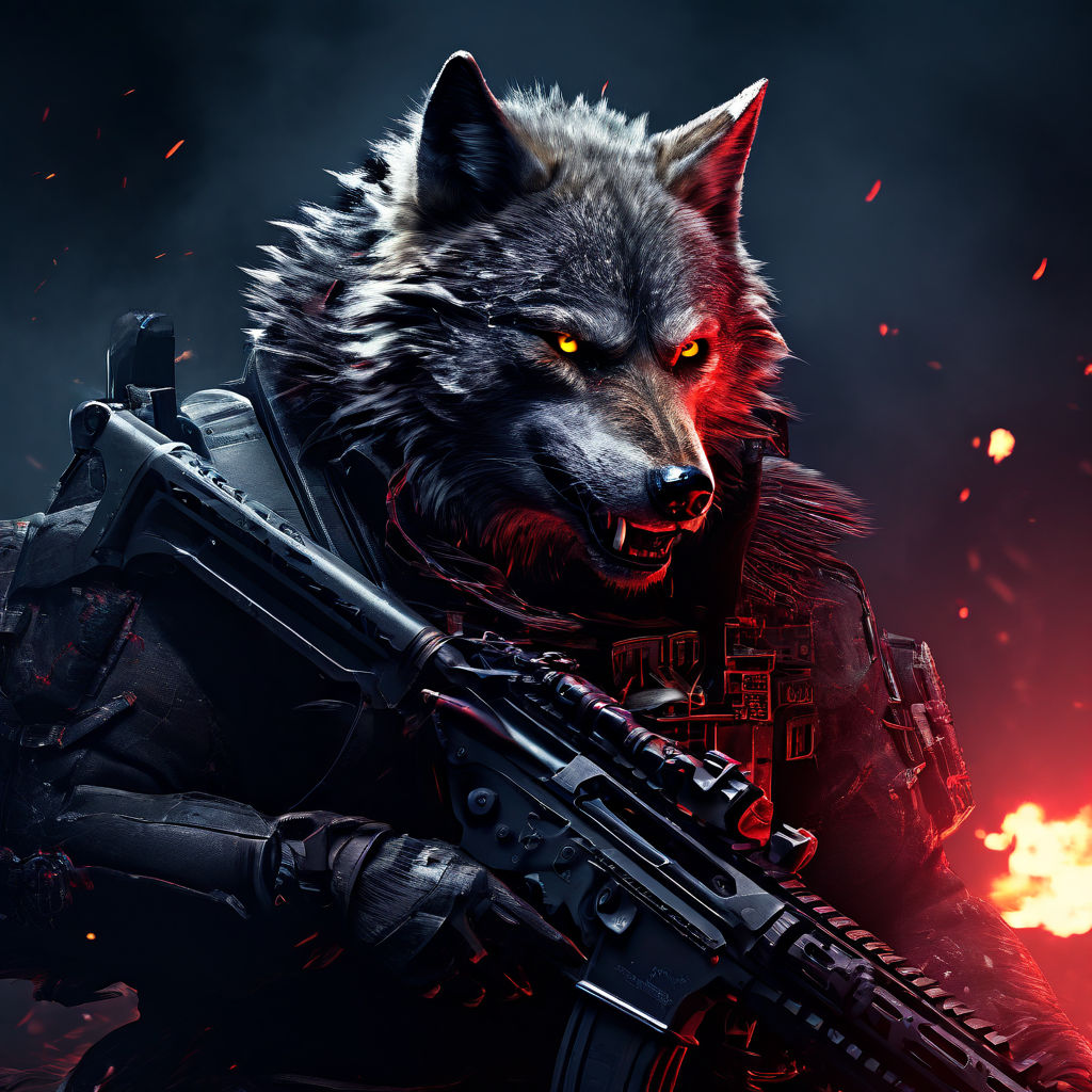 Drawing of an evil wolf with a machine gun in blood with the... by Olha ...