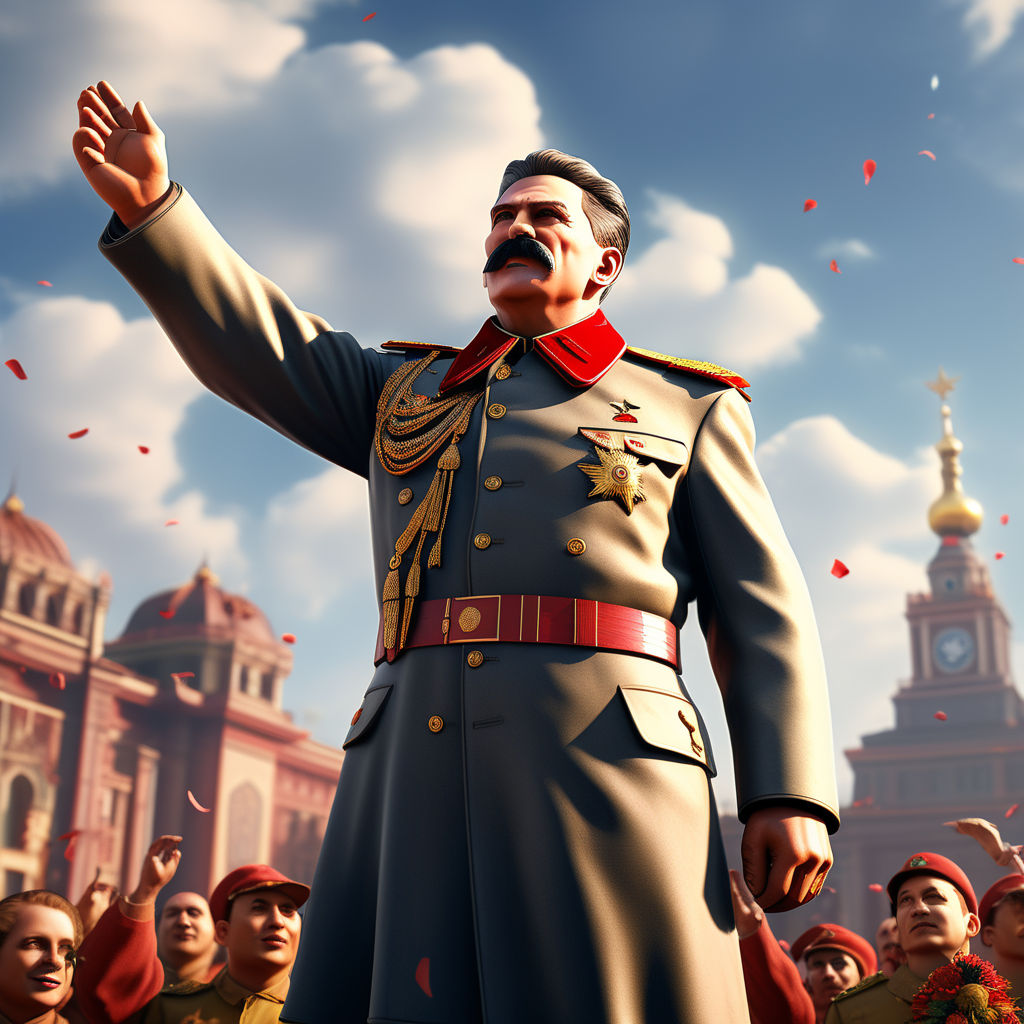 Render a image of Stalin standing tall and waving the crowds by Ronald Halabi - Playground