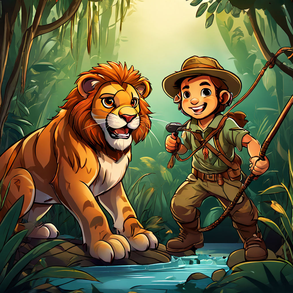 A hunter catch a lion with a net in the jungle as cartoon by Manjlaa ...