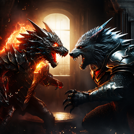 A dragon fights a werewolf in shiny armour ravishing an appa... by Tous ...