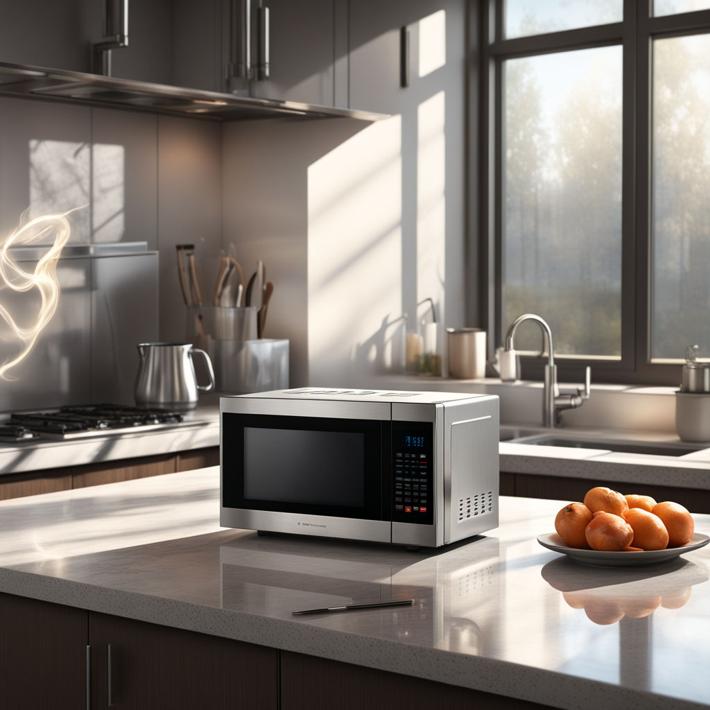 Microwave on a modern kitchen counter with a digital clock r... by ...